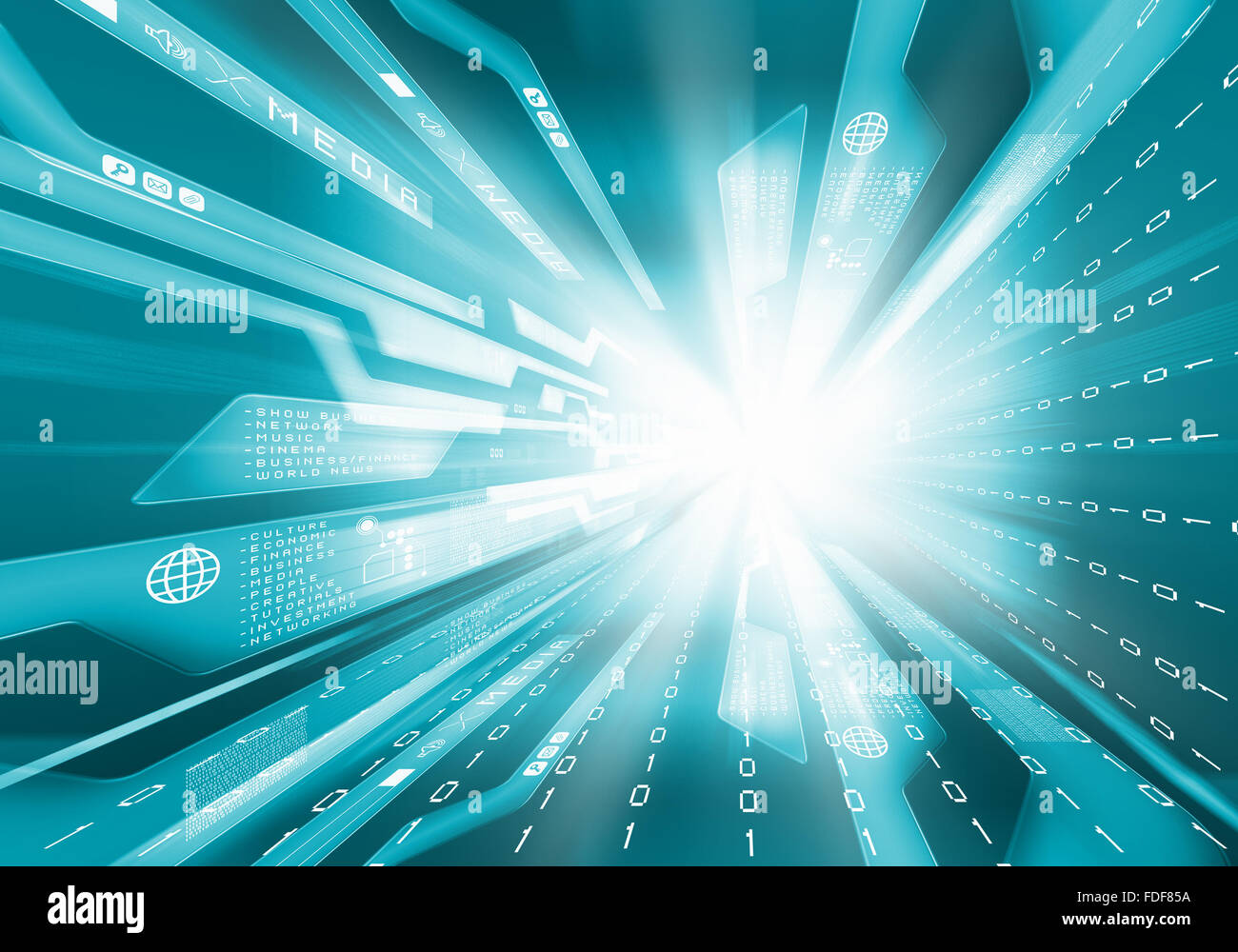 Digital green background image with technology symbols Stock Photo - Alamy