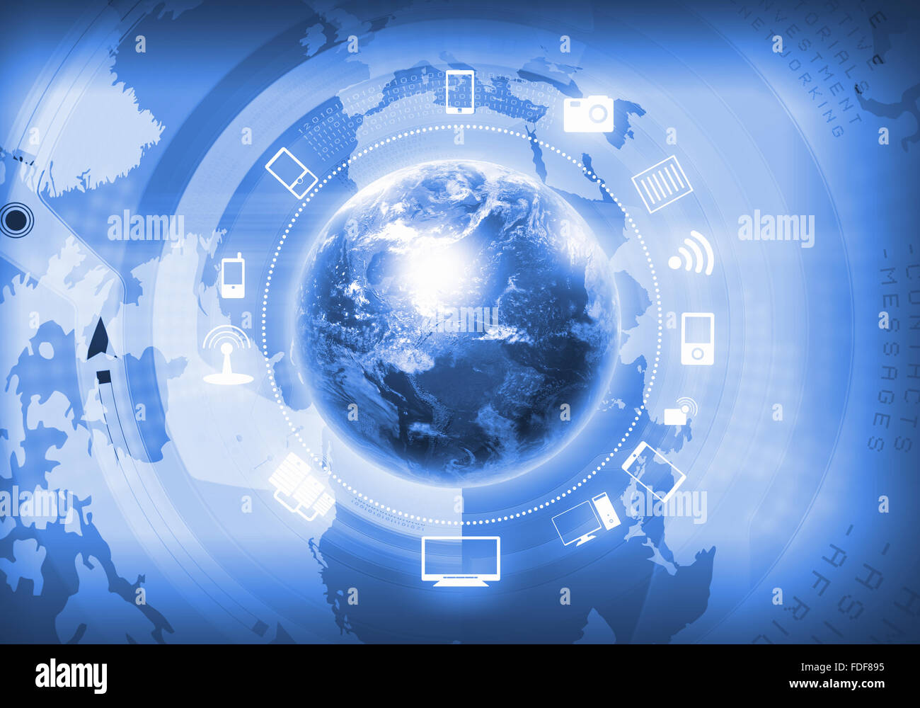 Digital image of globe with conceptual icons. Globalization concept ...