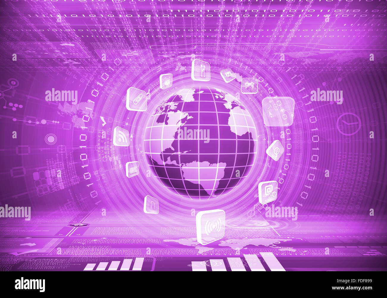 Purple digital image of globe with conceptual icons. Globalization ...