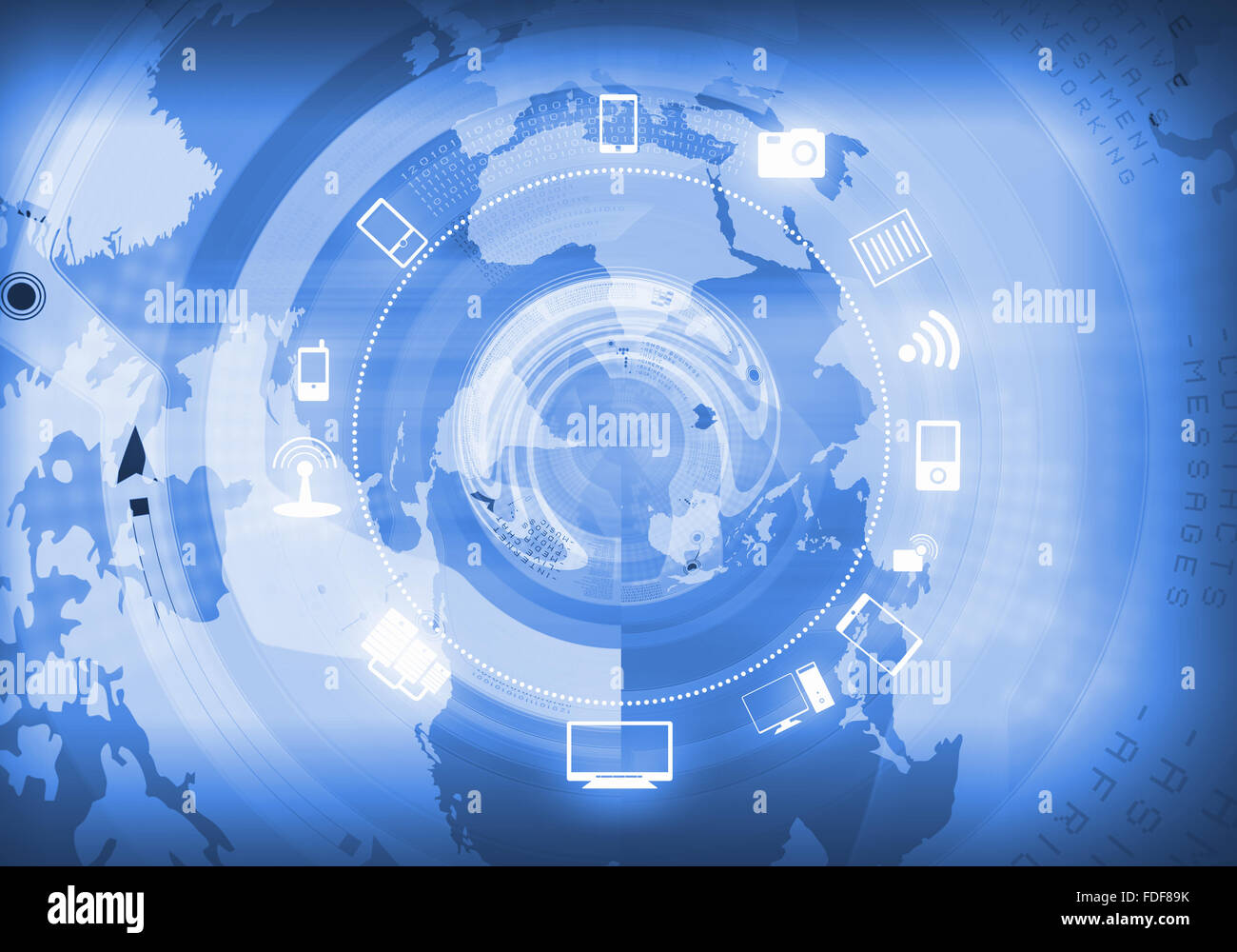 Digital image of globe with conceptual icons. Globalization concept ...