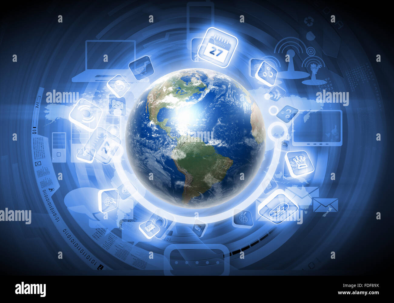Digital image of globe with conceptual icons. Elements of this image ...
