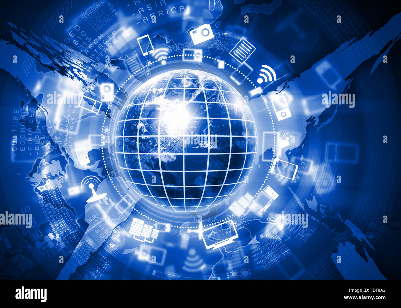 Digital image of globe with conceptual icons. Globalization concept ...