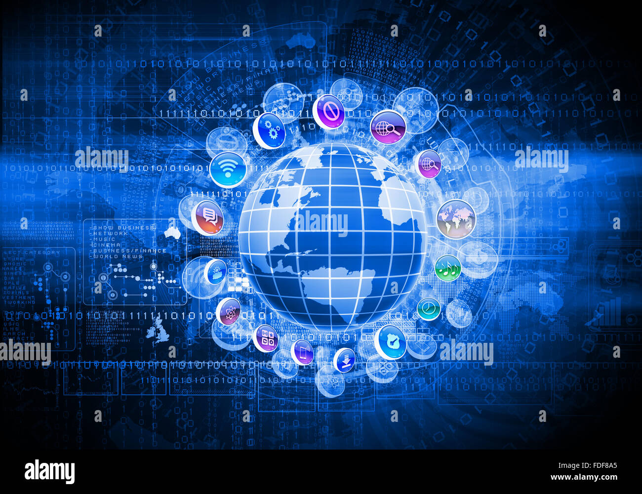 Digital image of globe with conceptual icons. Globalization concept ...