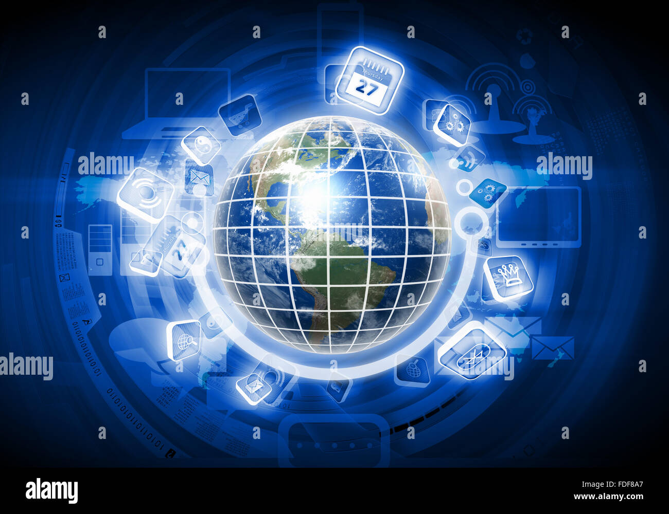 Digital image of globe with conceptual icons. Elements of this image ...