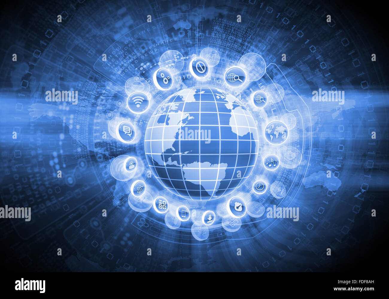Digital image of globe with conceptual icons. Globalization concept ...