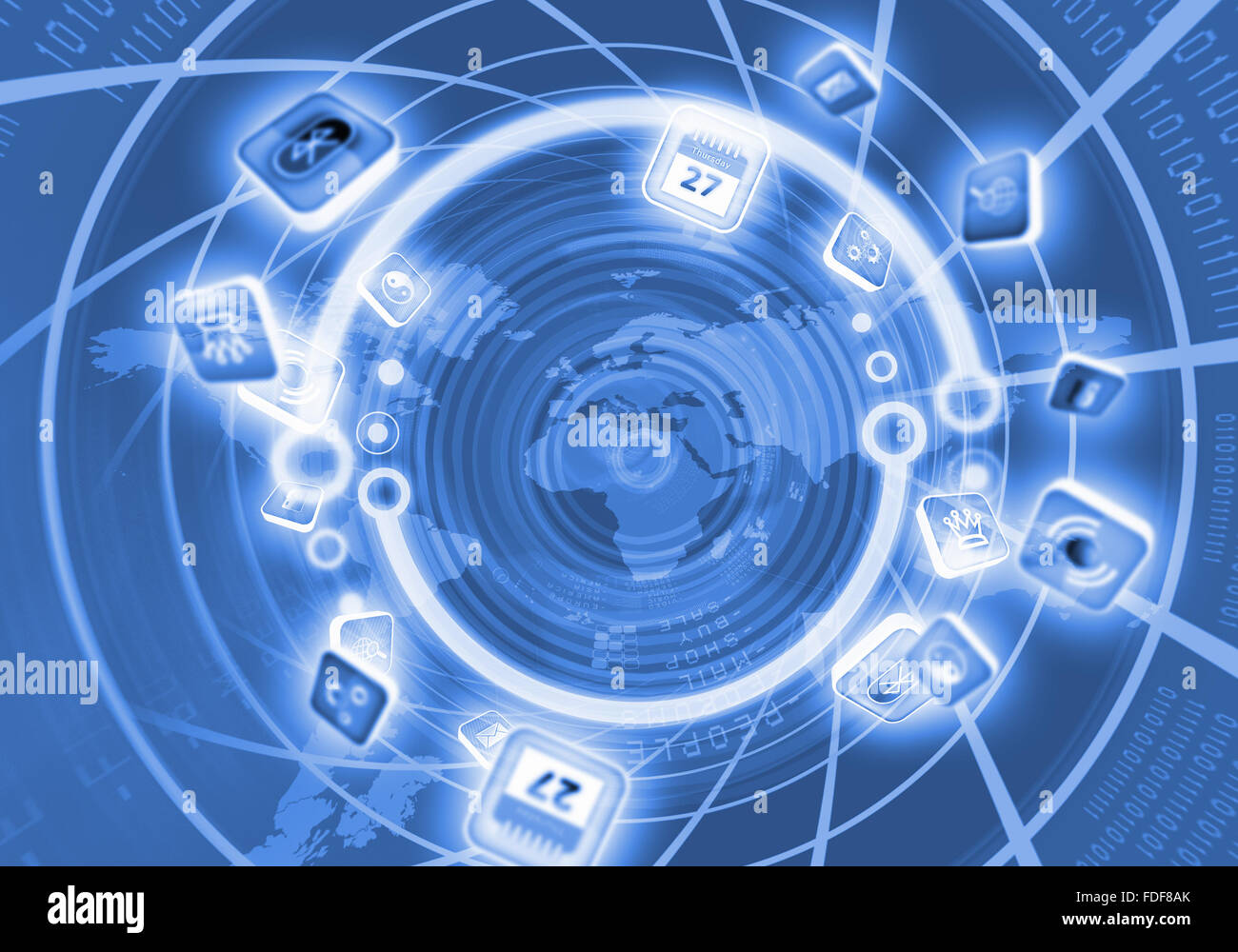 Digital image of globe with conceptual icons. Globalization concept ...