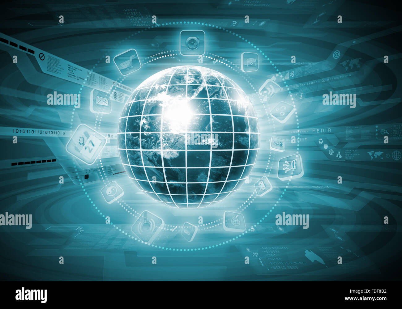 Digital image of globe with conceptual icons. Globalization concept ...