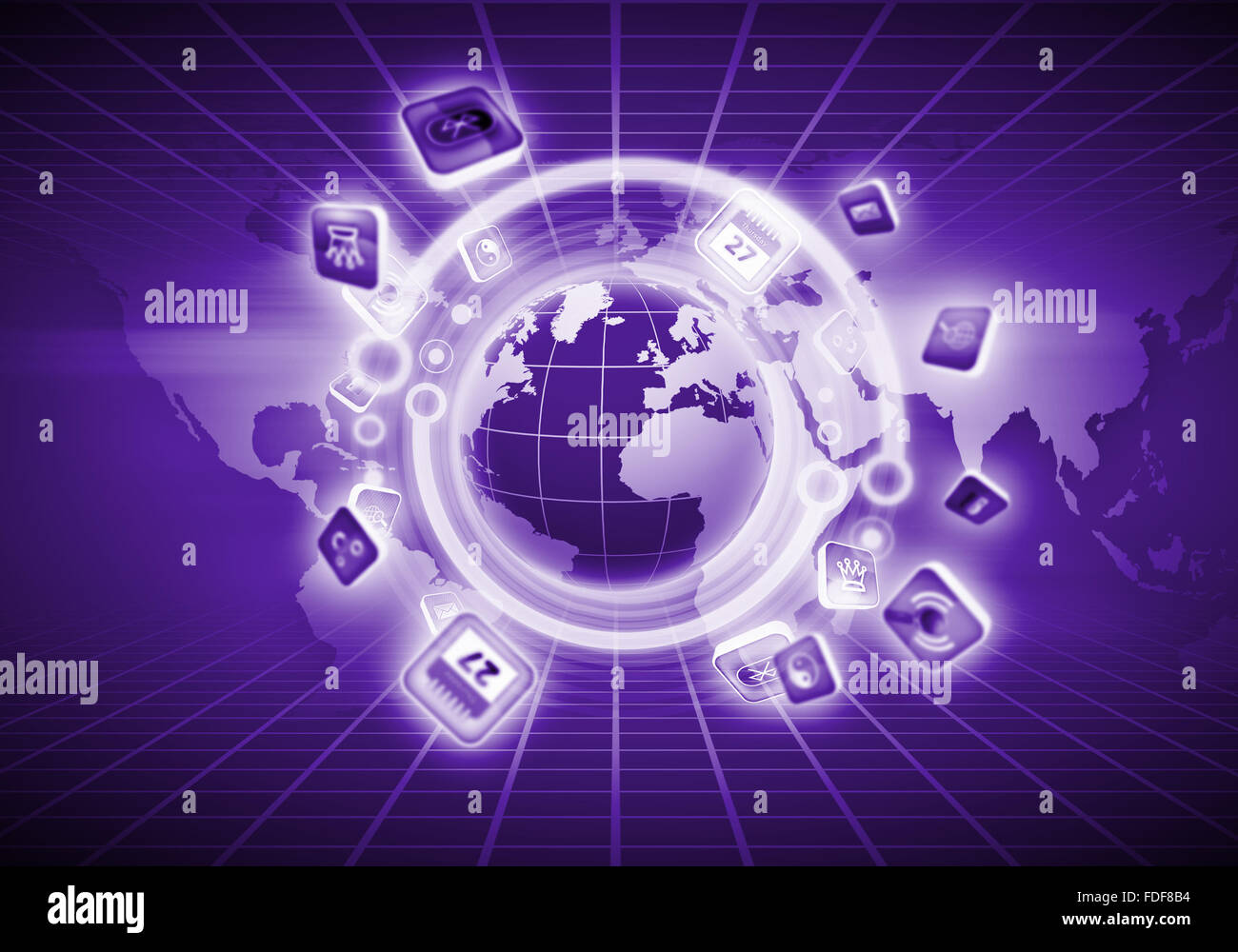 Purple digital image of globe with conceptual icons. Globalization ...