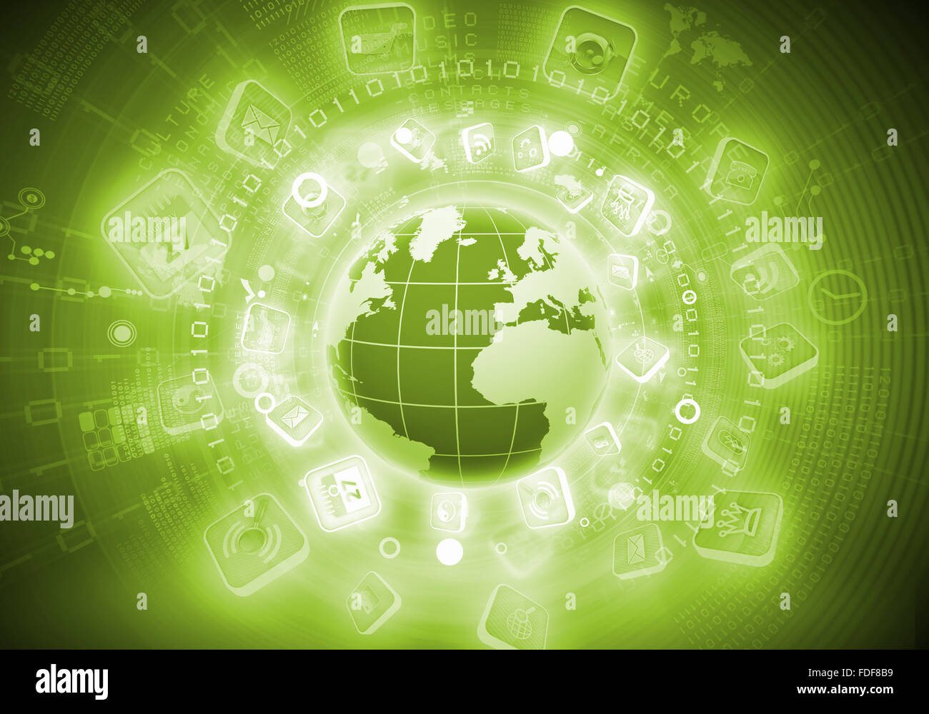 Green digital image of globe with conceptual icons. Globalization ...