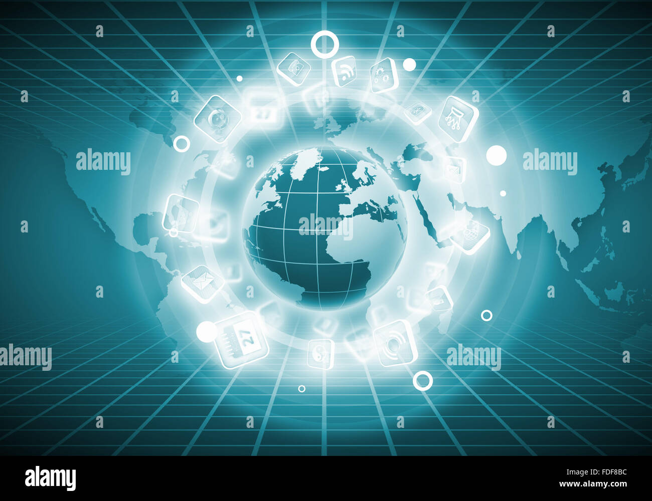 Digital image of globe with conceptual icons. Globalization concept ...