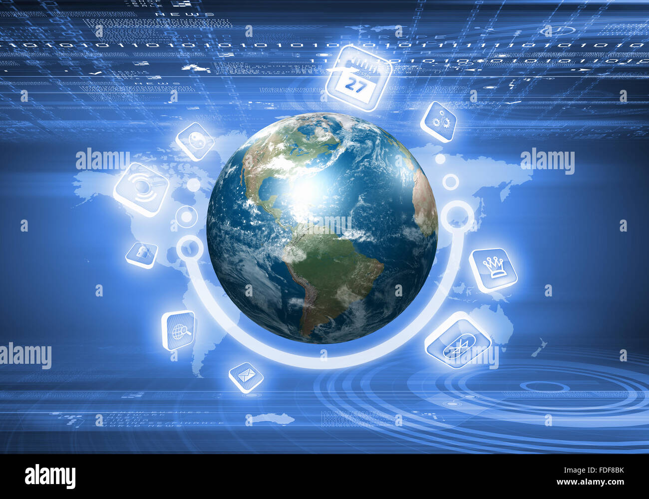Digital image of globe with conceptual icons. Elements of this image ...