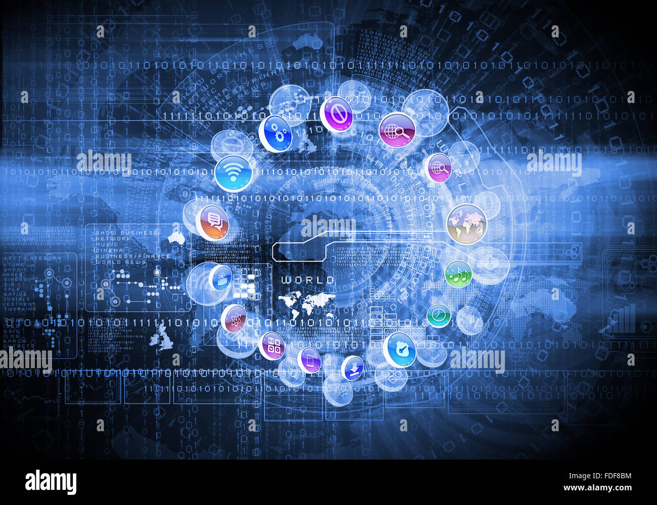 Digital image of globe with conceptual icons. Globalization concept ...