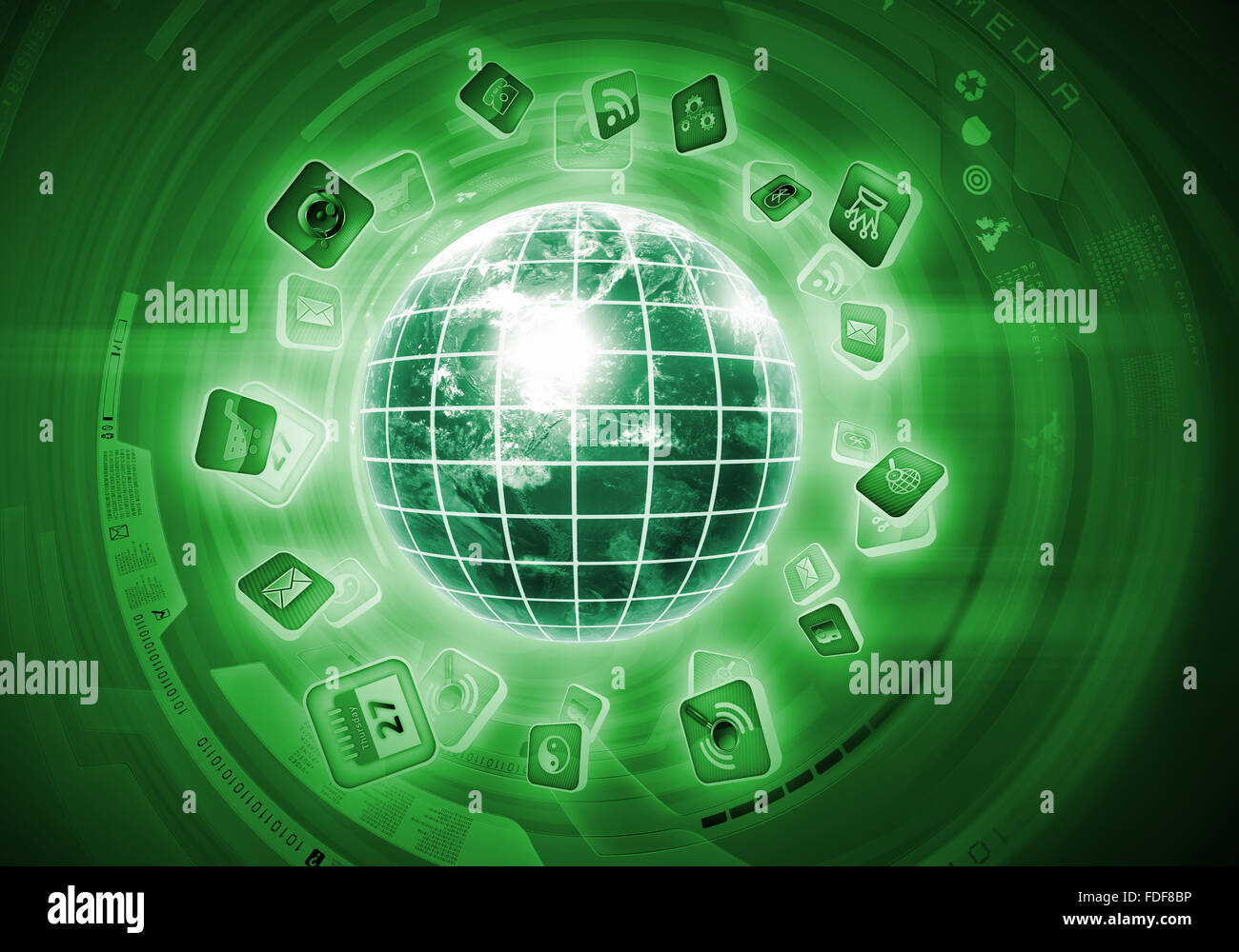 Green digital image of globe with conceptual icons. Globalization ...