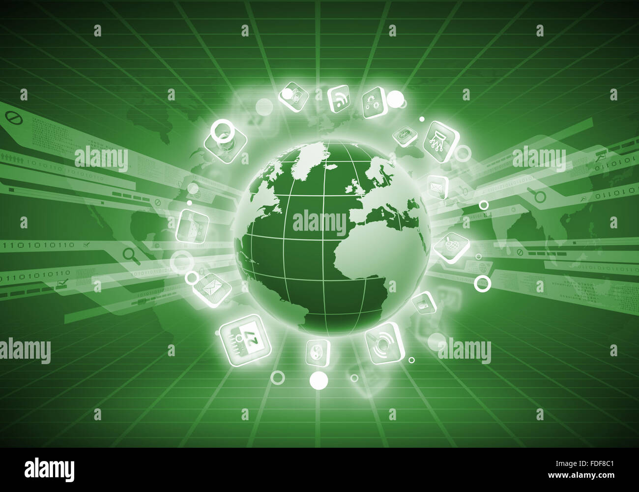 Green digital image of globe with conceptual icons. Globalization ...