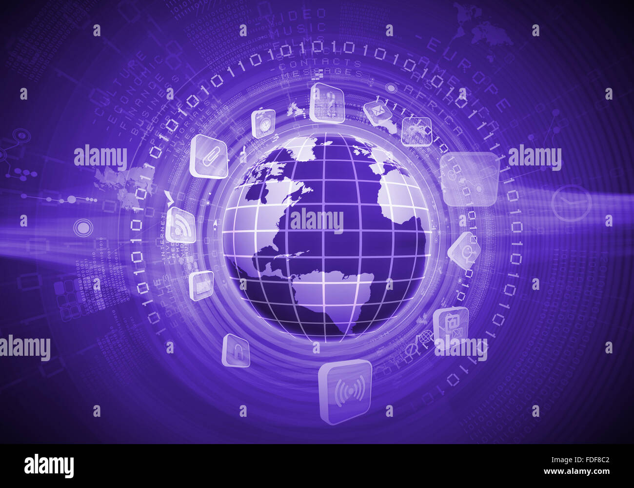Purple digital image of globe with conceptual icons. Globalization ...