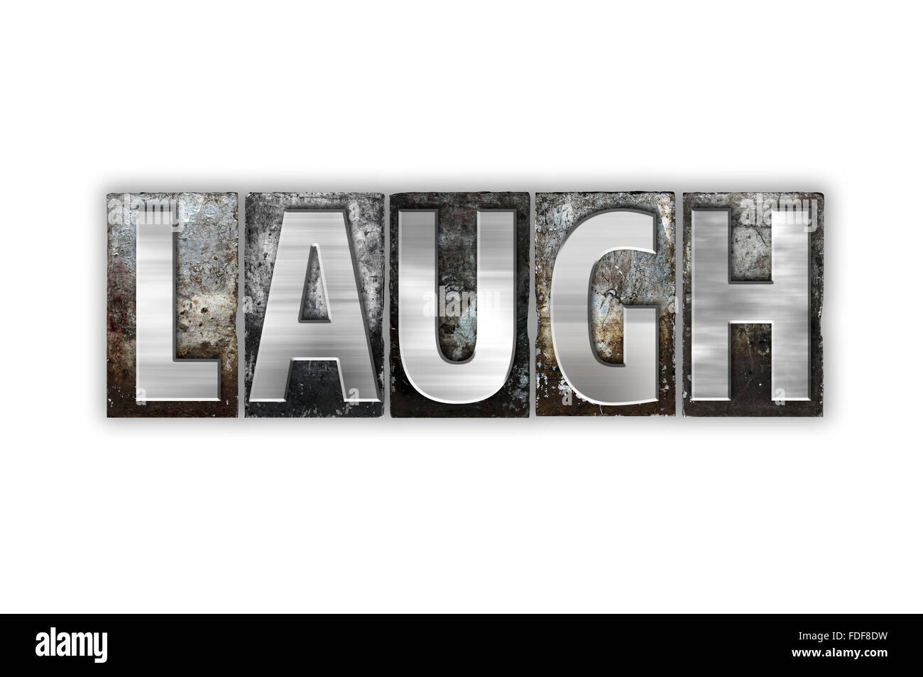 The word "Laugh" written in vintage metal letterpress type isolated on ...