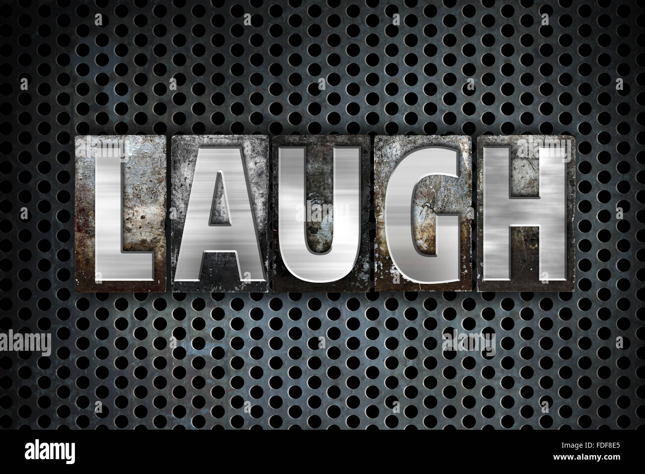 The word "Laugh" written in vintage metal letterpress type on a black ...