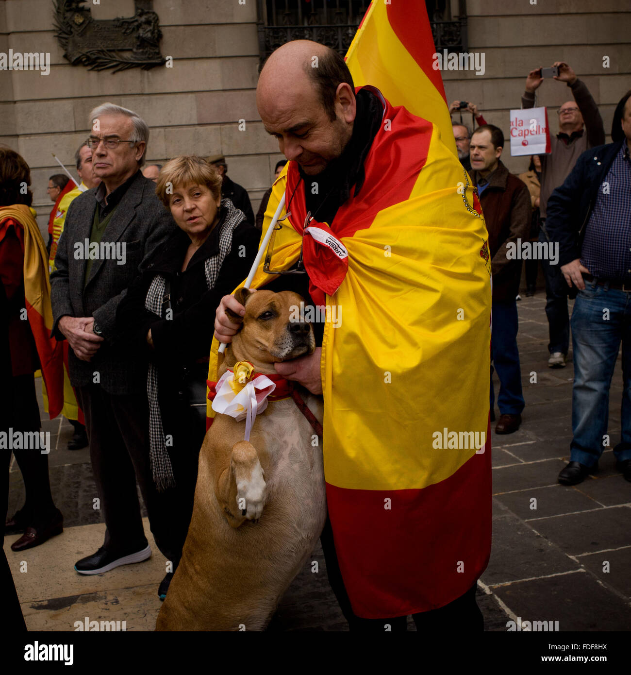 Barcelona, Catalonia, Spain. 31st Jan, 2016. A pro unionist man wearing ...