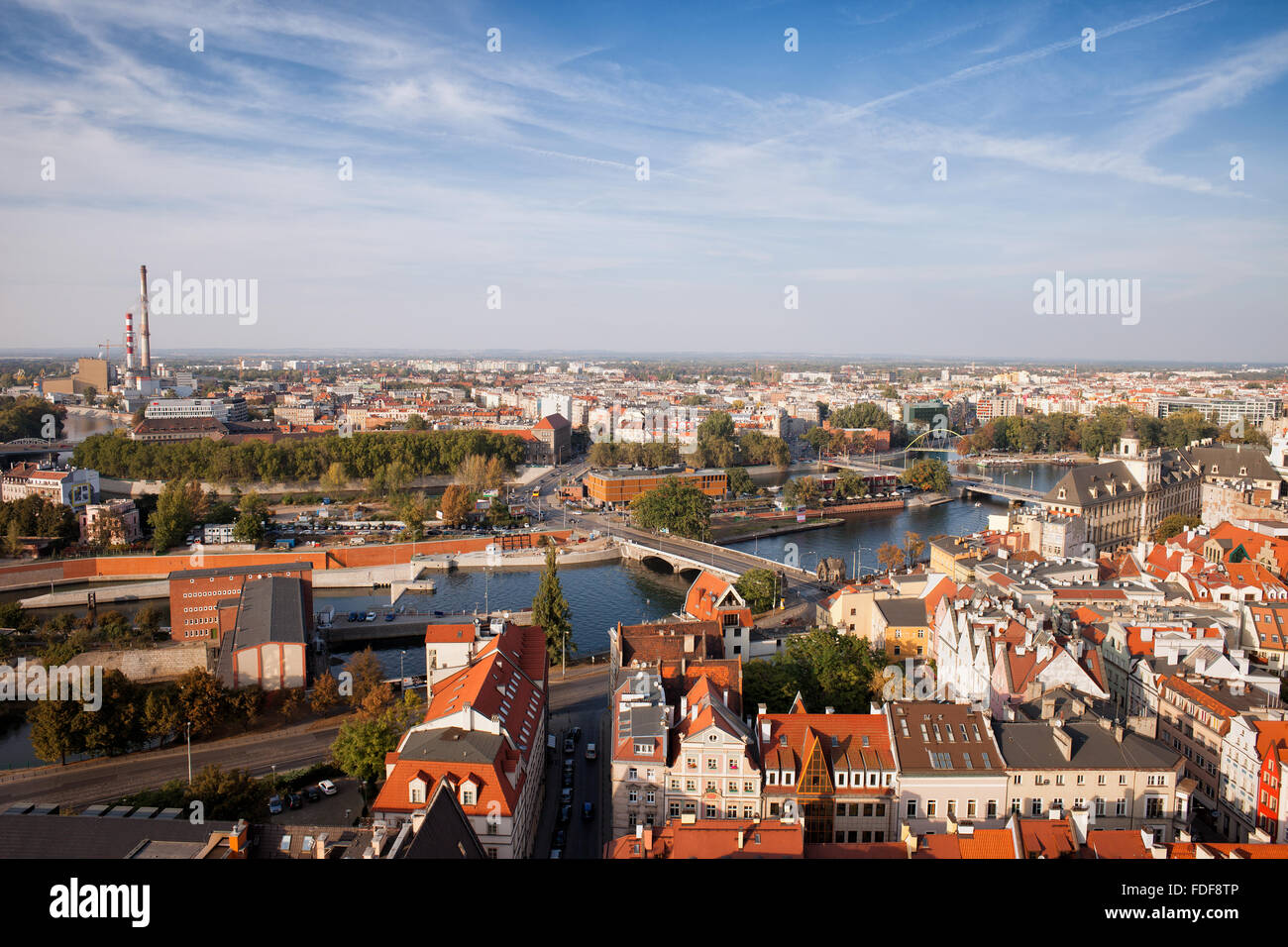 Poland, city of Wroclaw cityscape from above, Odra River in the middle ...