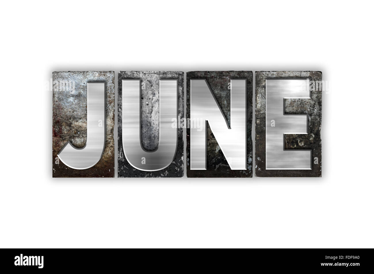 The word "June" written in vintage metal letterpress type isolated on a ...