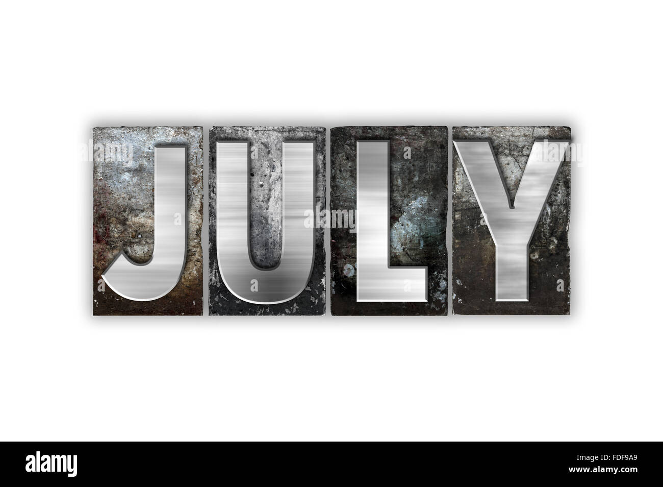 The word "July" written in vintage metal letterpress type isolated on a ...