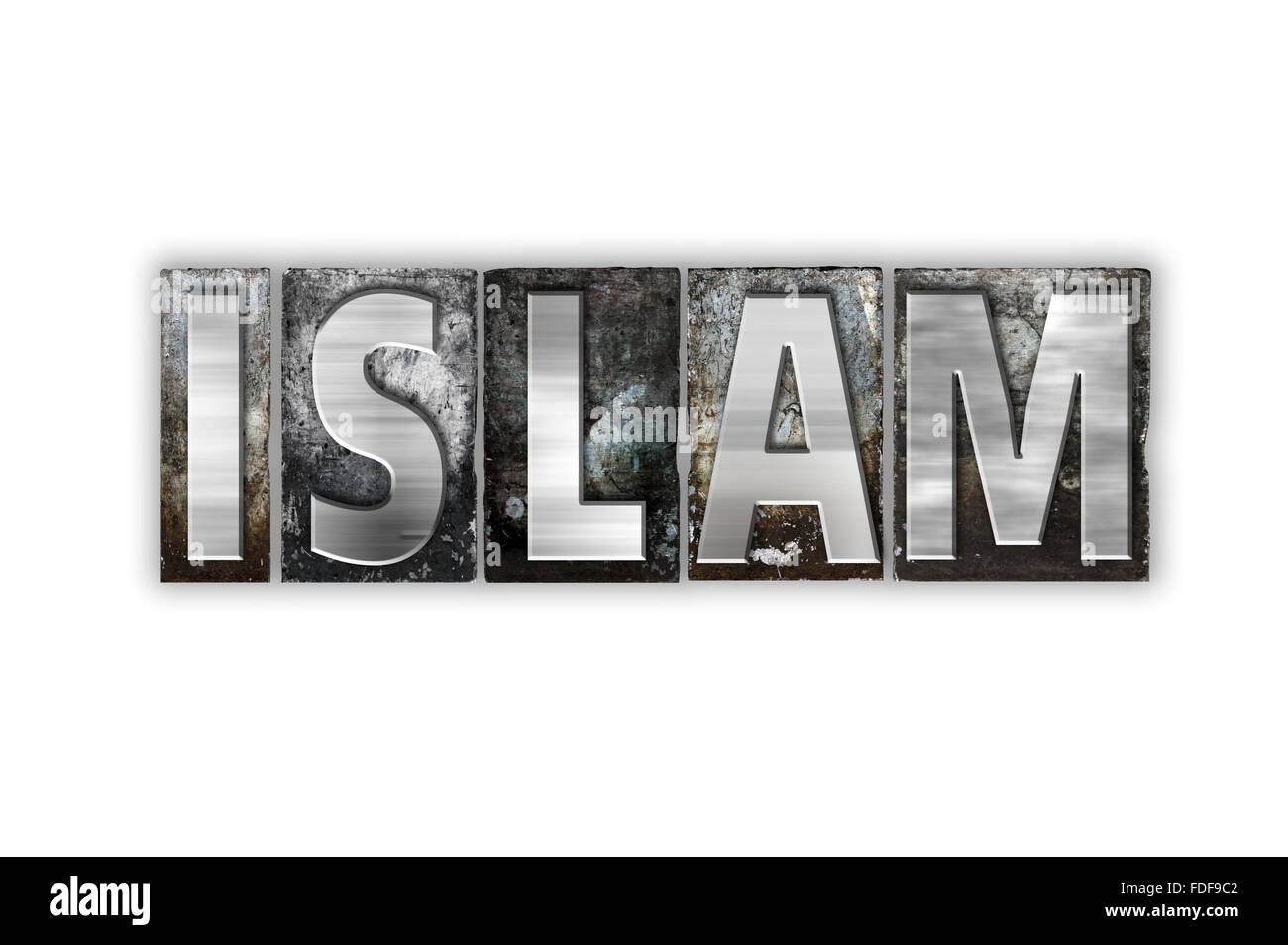 The word "Islam" written in vintage metal letterpress type isolated on ...