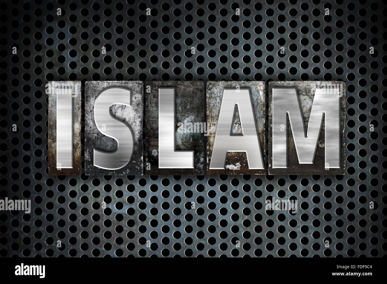 The word "Islam" written in vintage metal letterpress type on a black ...