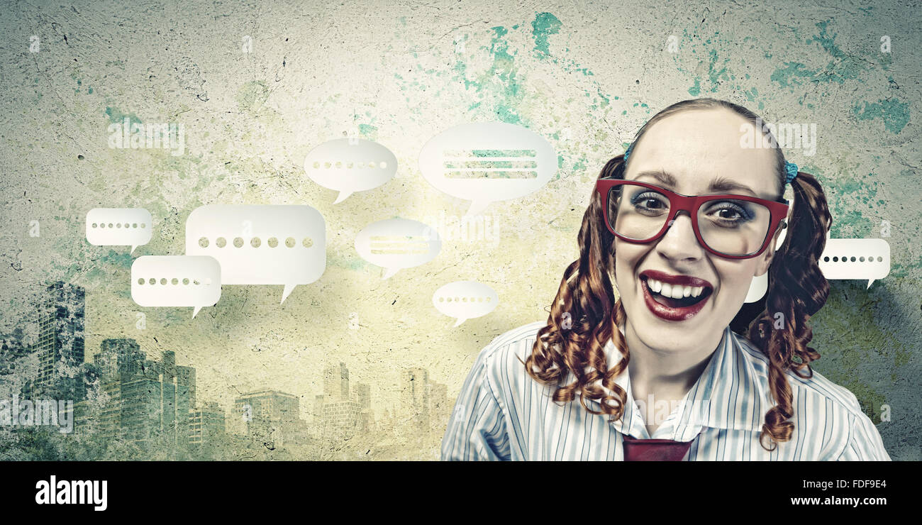 Funny looking red-hair woman with glasses staring at camera Stock Photo ...