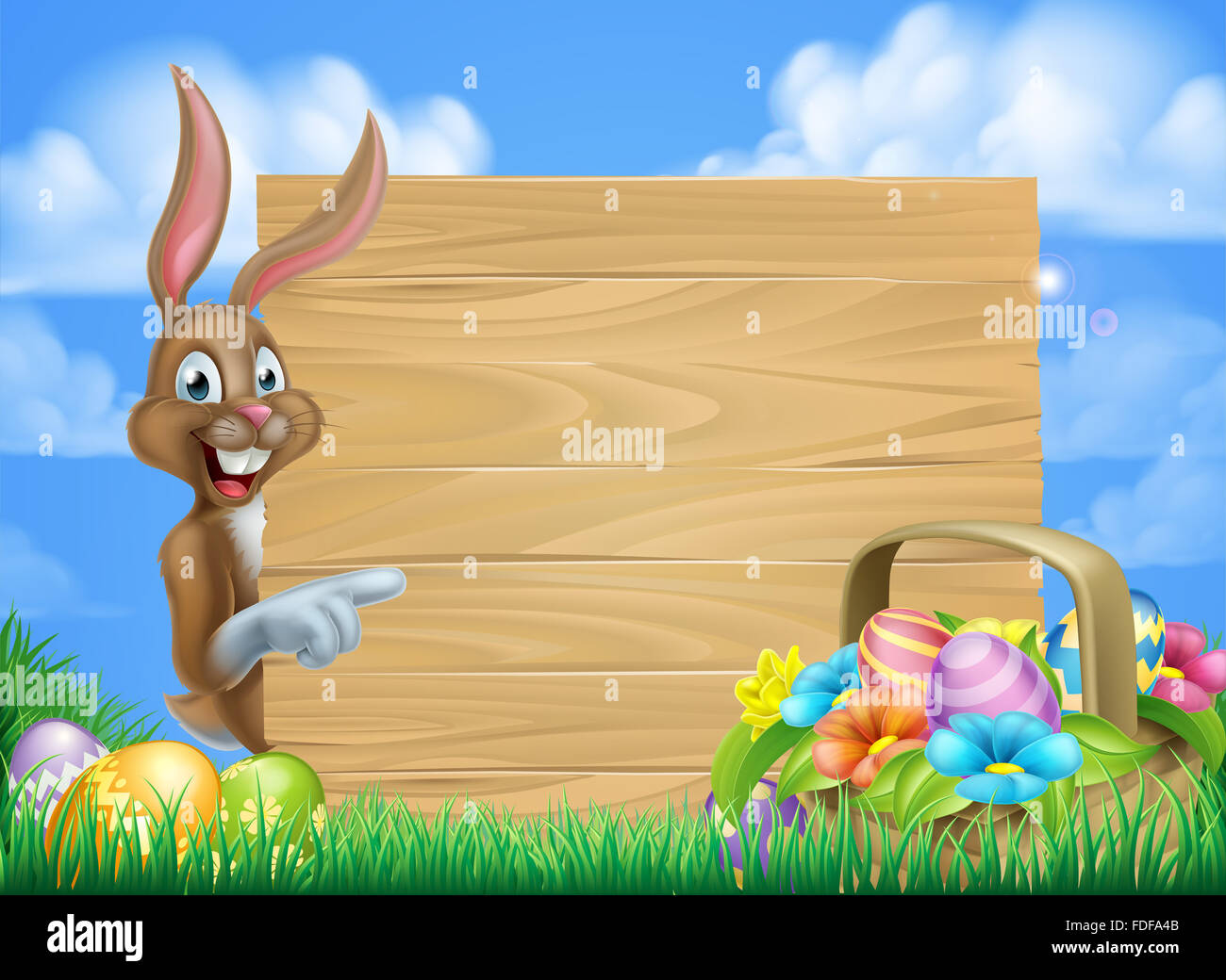 Cartoon easter background of Easter bunny and Easter basket full of ...