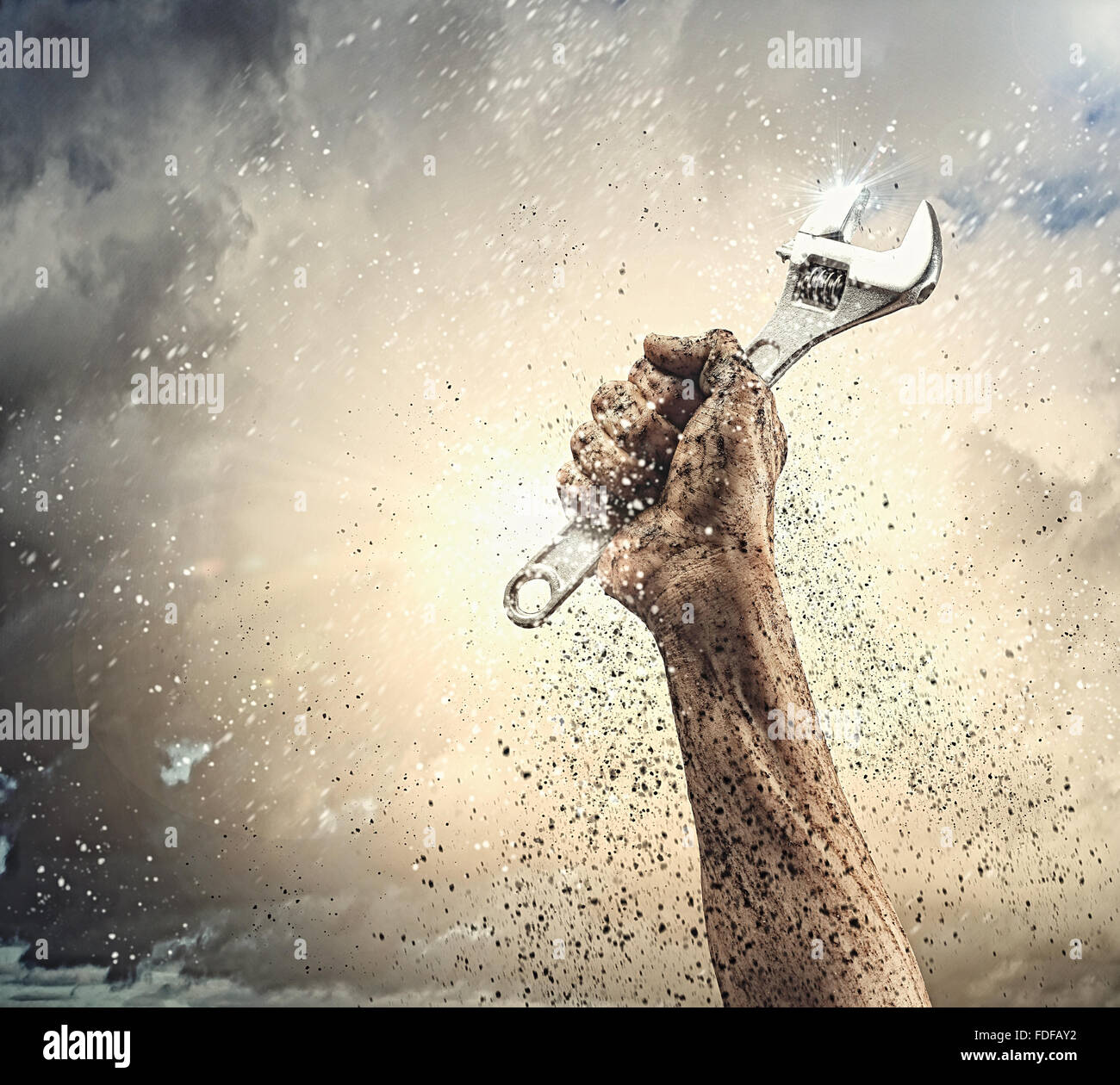 Close-up image of human hand holding wrench. Construction Stock Photo ...