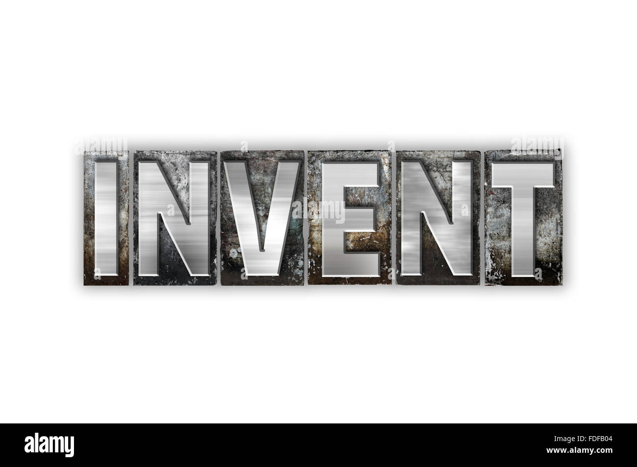 The word "Invent" written in vintage metal letterpress type isolated on ...
