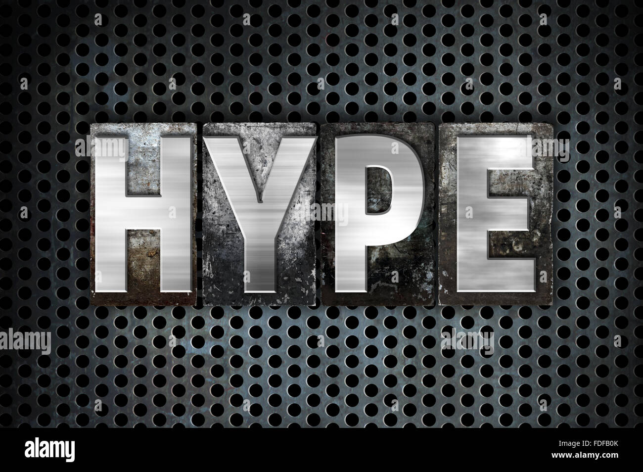 The word "Hype" written in vintage metal letterpress type on a black ...