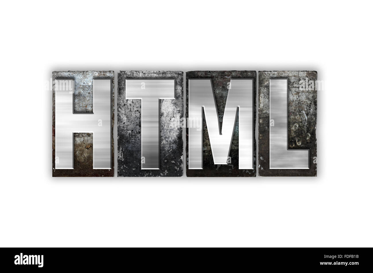 The word "HTML" written in vintage metal letterpress type isolated on a ...