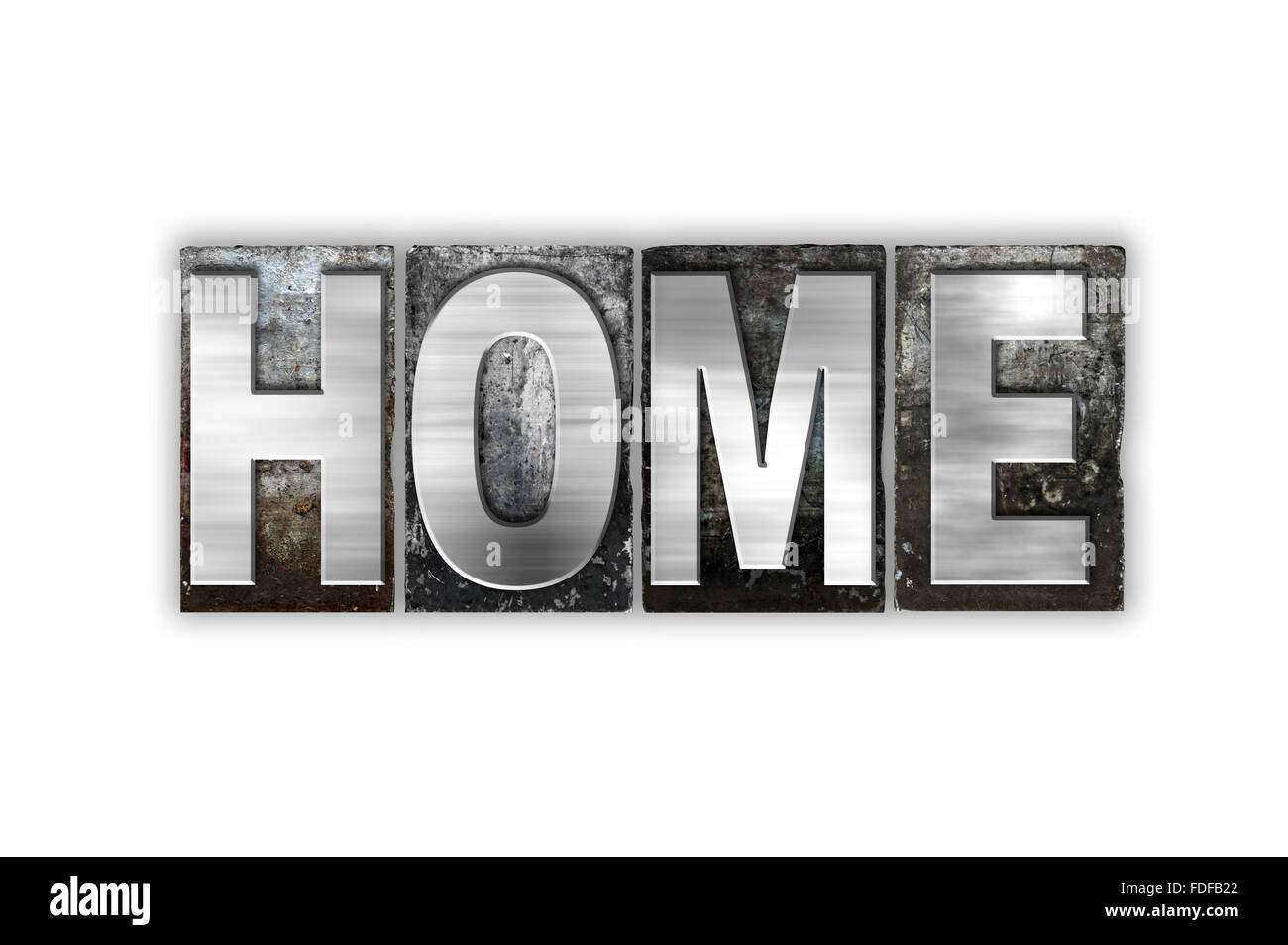 The word "Home" written in vintage metal letterpress type isolated on a ...