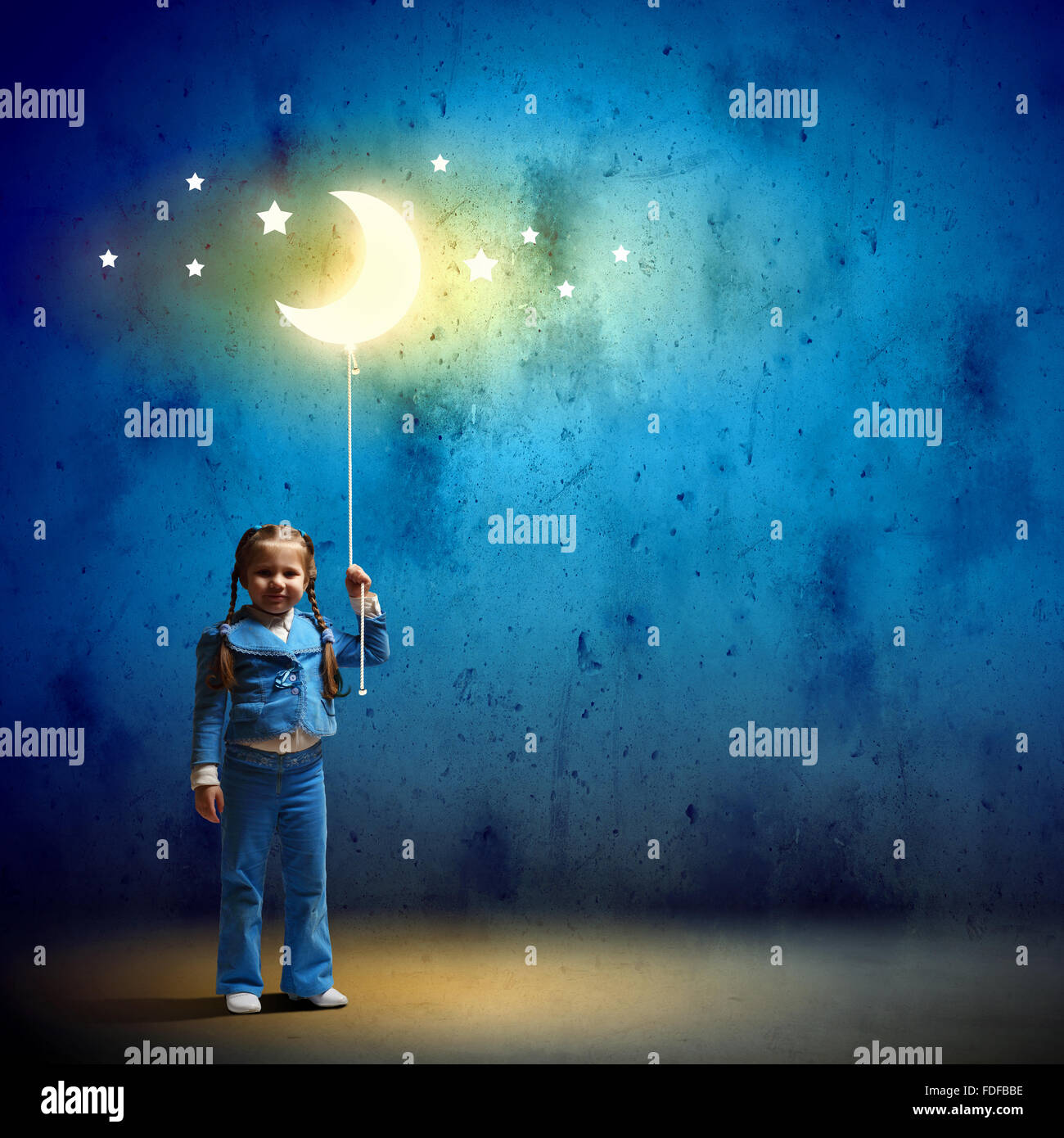 Image of little cute girl with moon on rope Stock Photo - Alamy