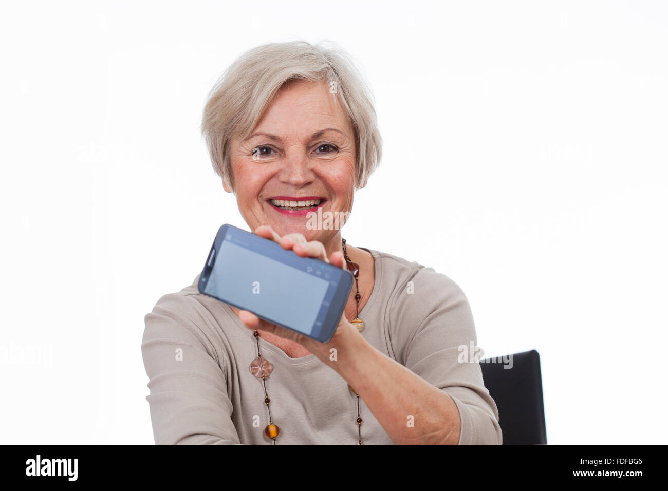 older happy senior women using smart phone answering call Stock Photo ...