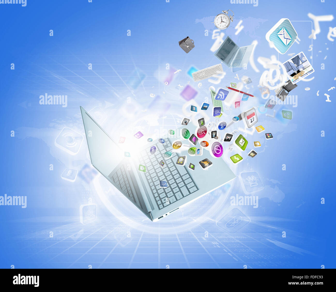 Background image with laptop and media icons Stock Photo - Alamy