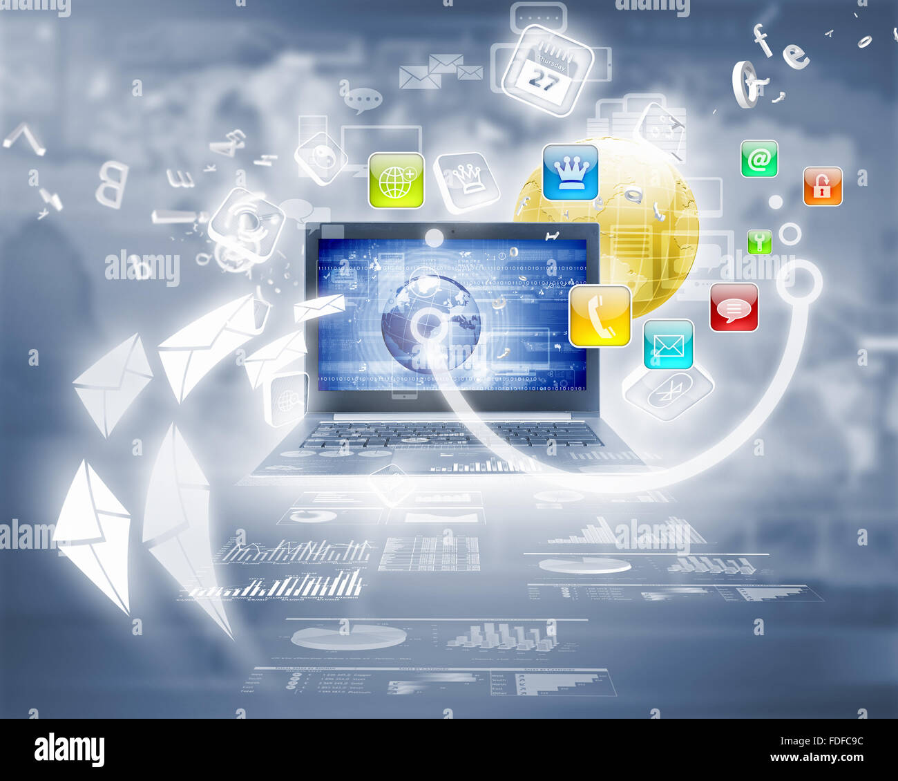 Background image with laptop and media icons Stock Photo - Alamy
