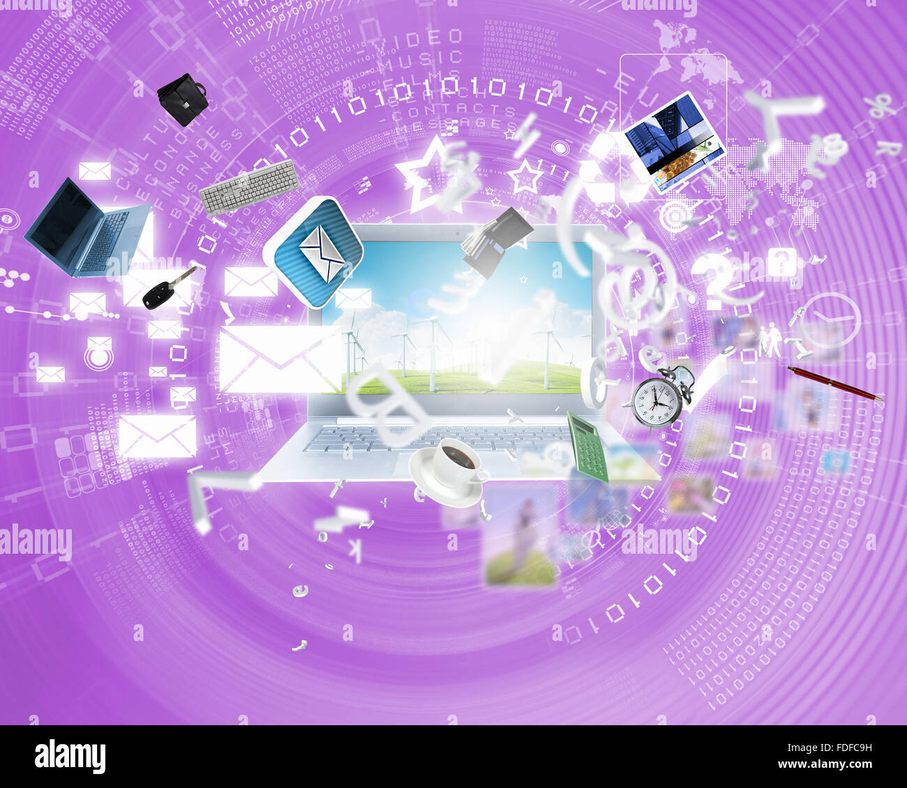 Background image with laptop and media icons Stock Photo - Alamy
