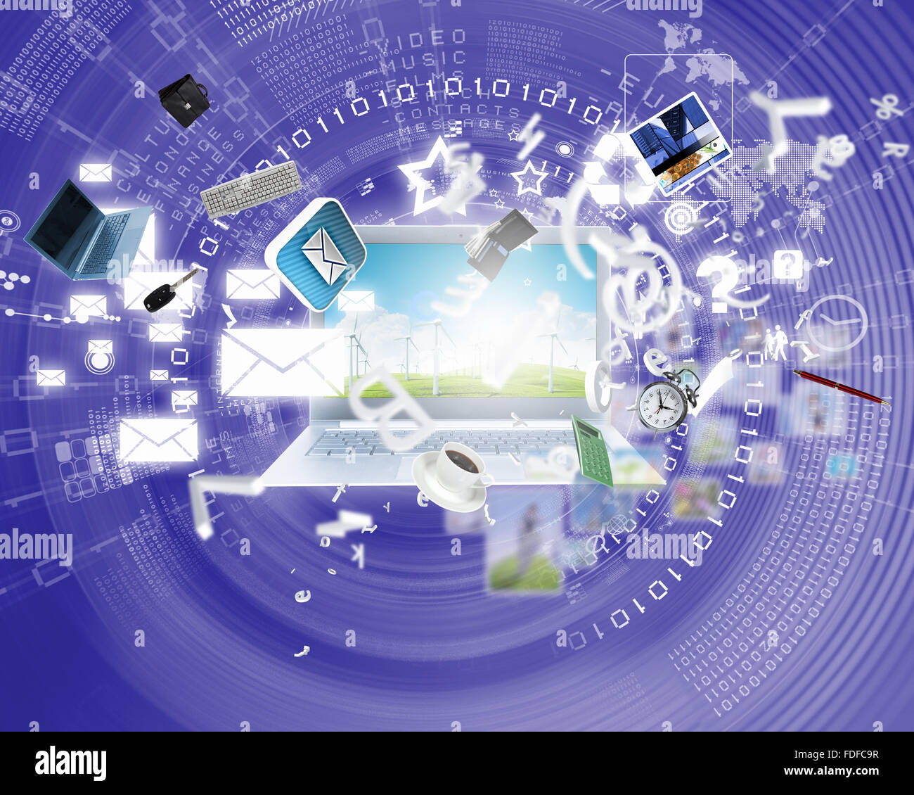 Background image with laptop and media icons Stock Photo - Alamy