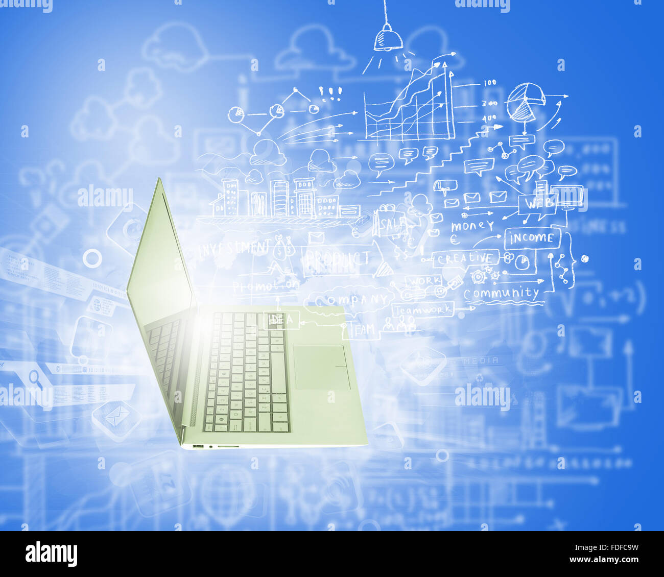 Background image with laptop and media icons Stock Photo - Alamy