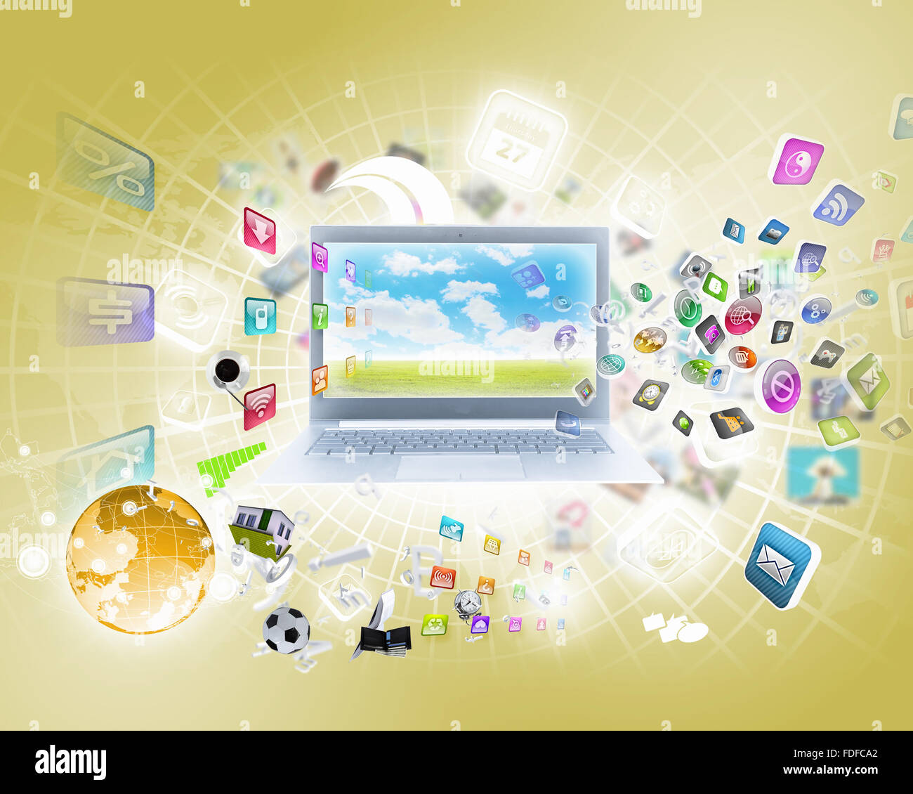 Background image with laptop and media icons Stock Photo - Alamy