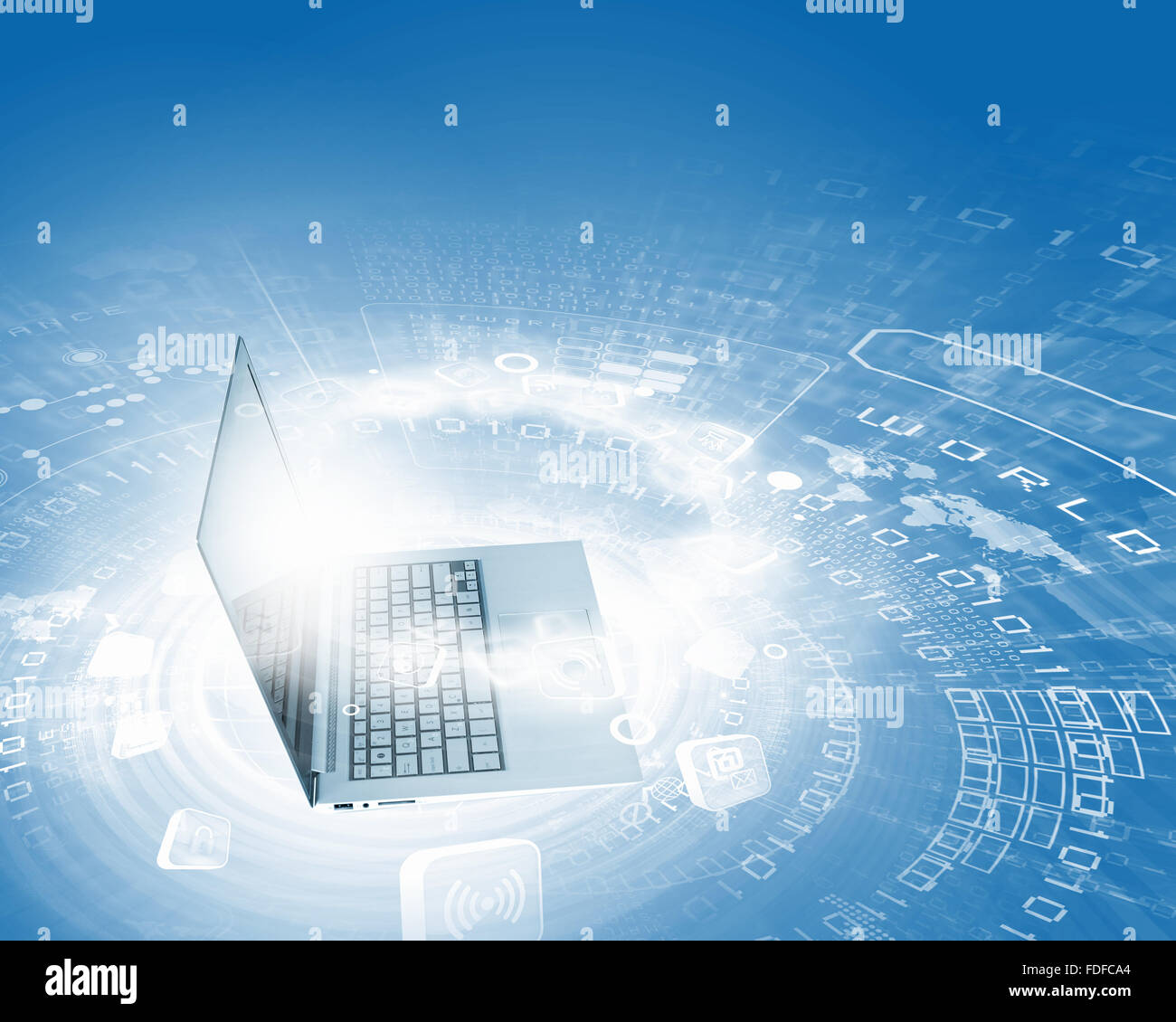 Background image with laptop and media icons Stock Photo - Alamy
