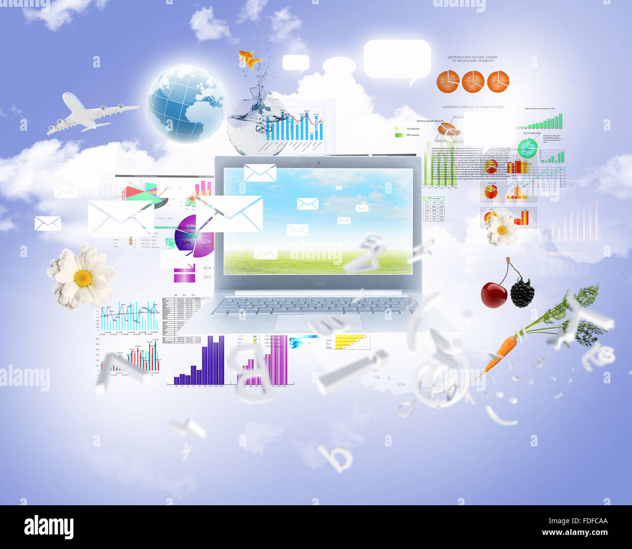 Background image with laptop and media icons Stock Photo - Alamy