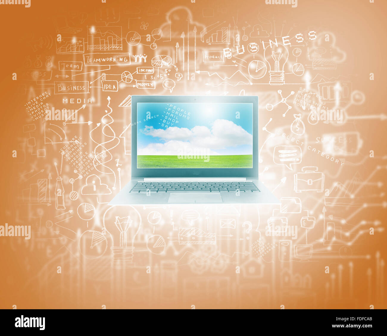 Background image with laptop and media icons Stock Photo - Alamy