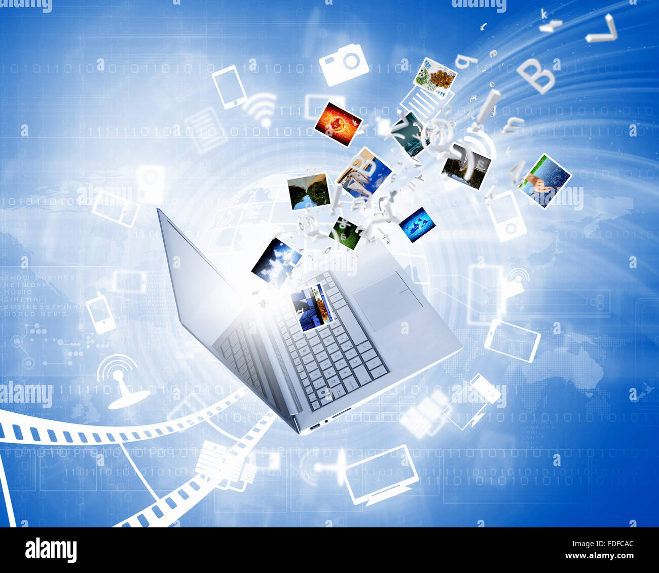 Background image with laptop and media icons Stock Photo - Alamy