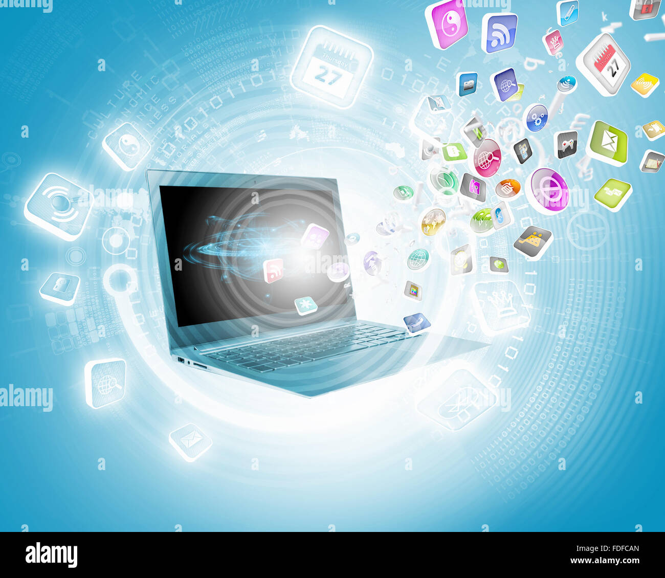 Background image with laptop and media icons Stock Photo - Alamy