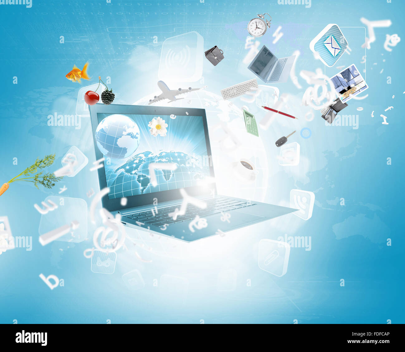 Background image with laptop and media icons Stock Photo - Alamy