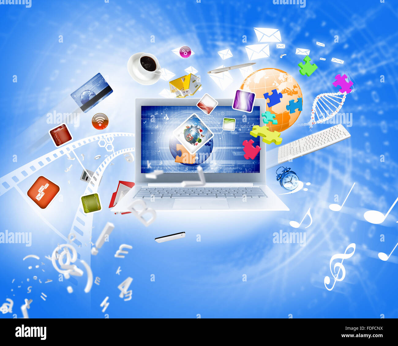 Background image with laptop and media icons Stock Photo - Alamy