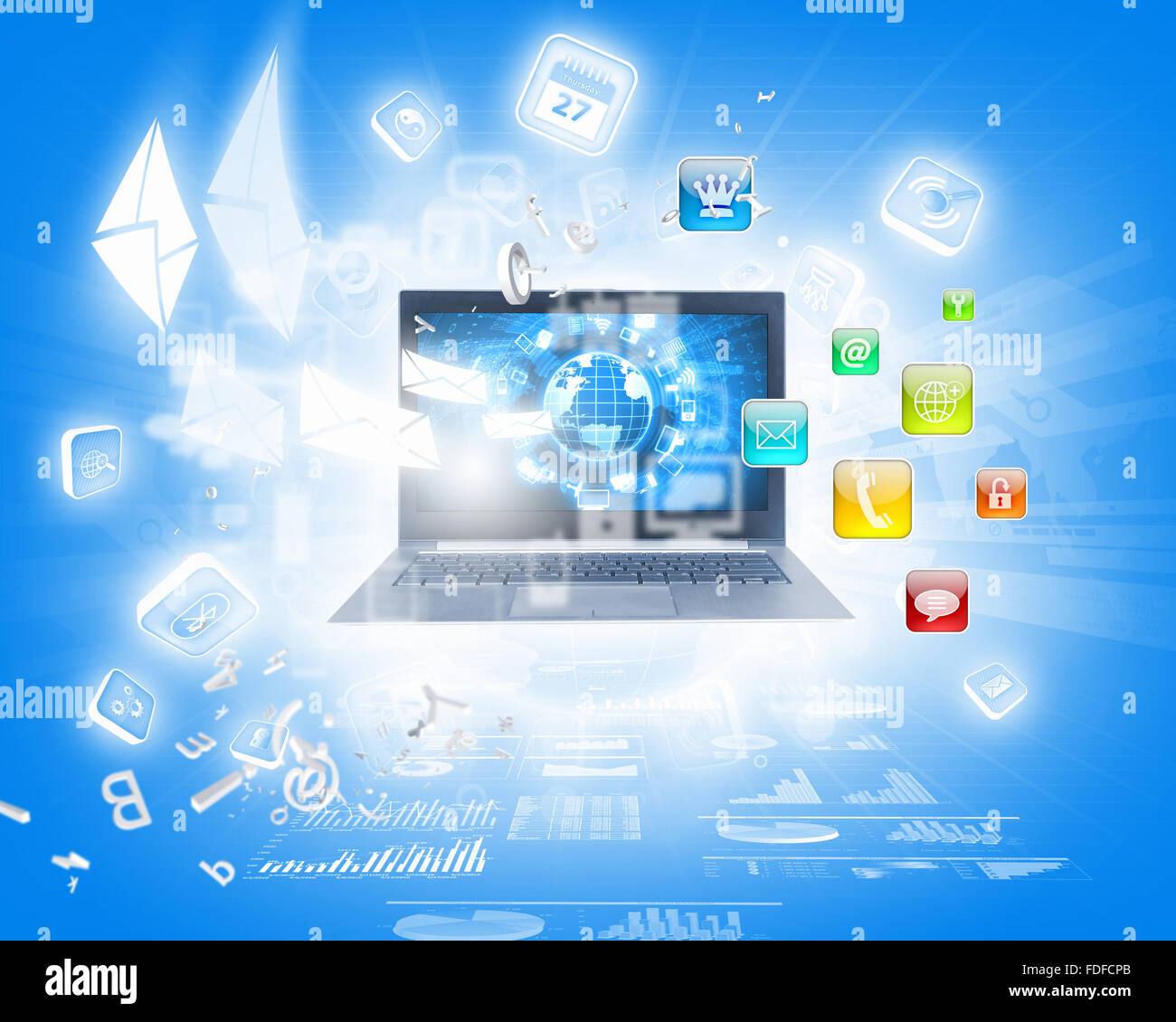 Background image with laptop and media icons Stock Photo - Alamy